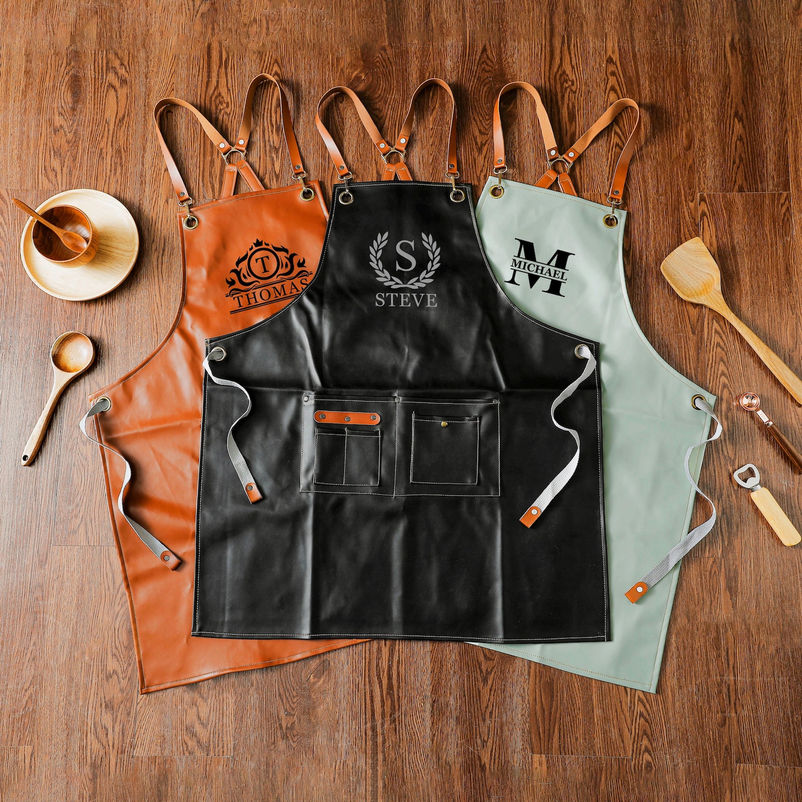 Personalized Bar Apron, PU Leather Workshop Apron With Pockets, Custom ...