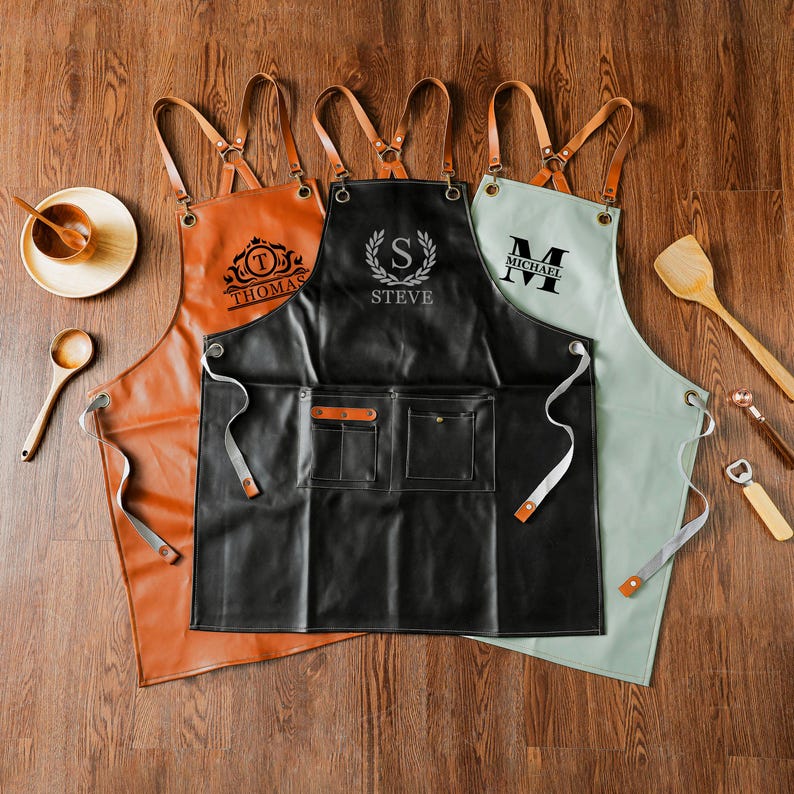 Personalized Bar Apron, PU Leather Workshop Apron With Pockets, Custom ...