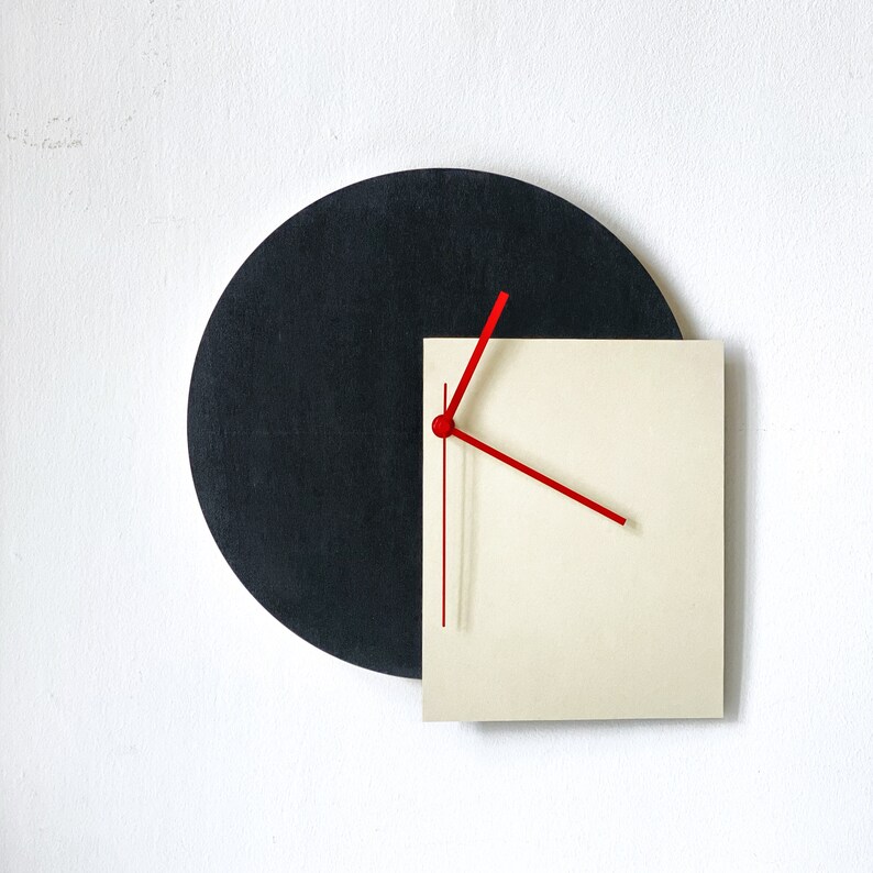 Black and White Wall Clock With Red Hands - Abstract Geometric Wood ...