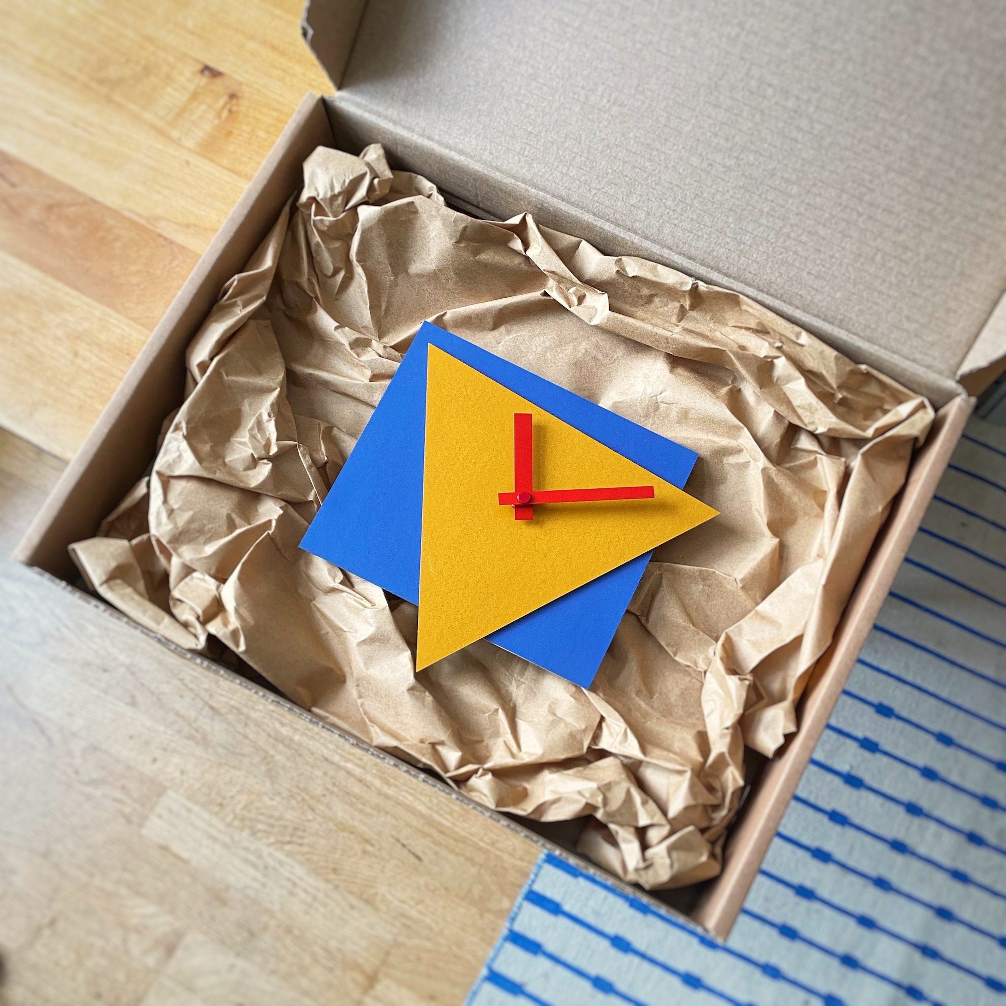 Blue and Yellow Pop Art Triangle Wall Clock: Modern Handcrafted ...