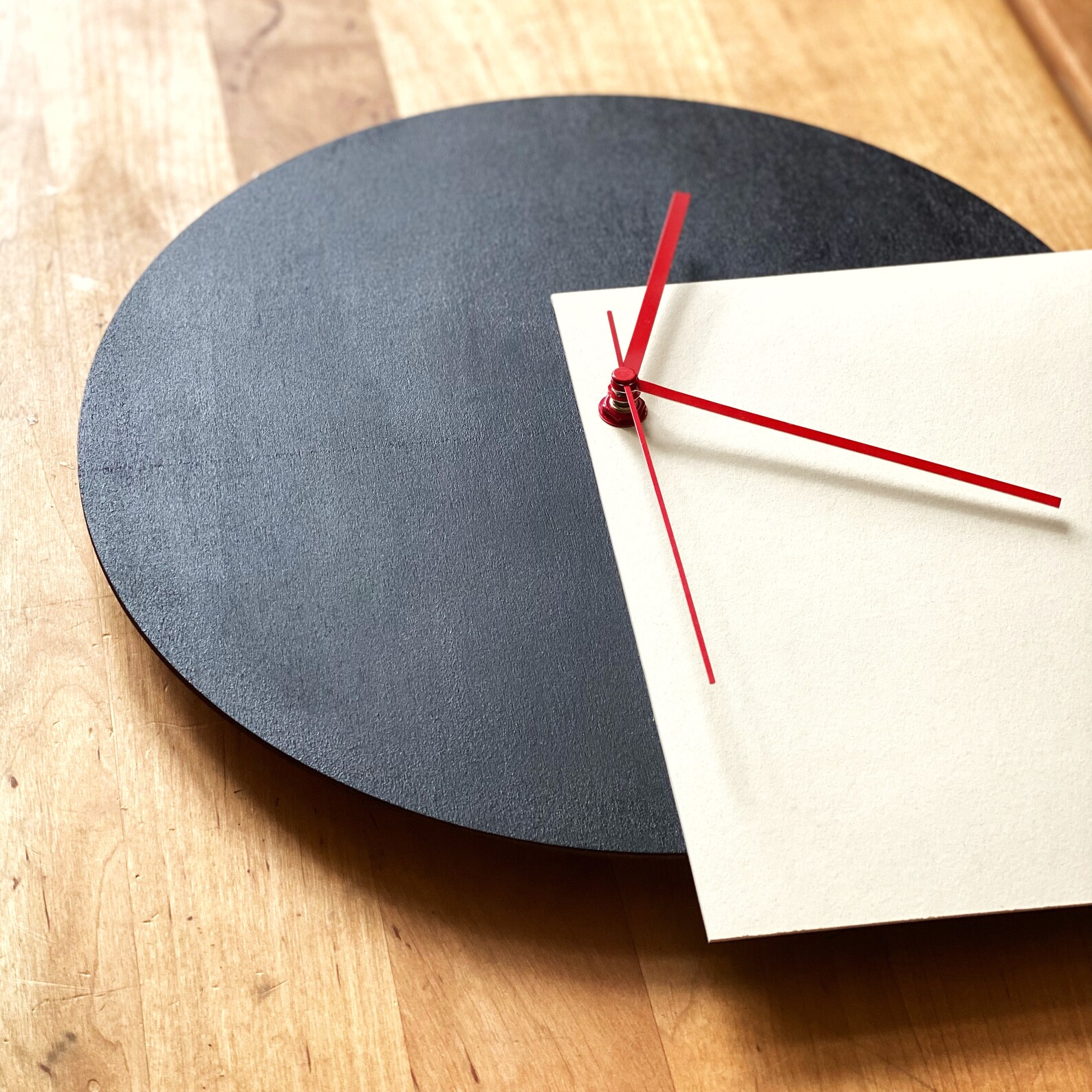 Black and White Wall Clock With Red Hands - Abstract Geometric Wood ...