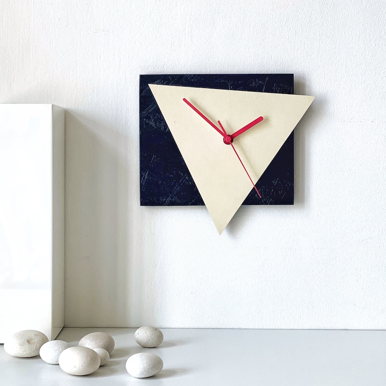 Geometric Triangle Wall Clock: Modernist Wood Decor With Pink Hands - Etsy