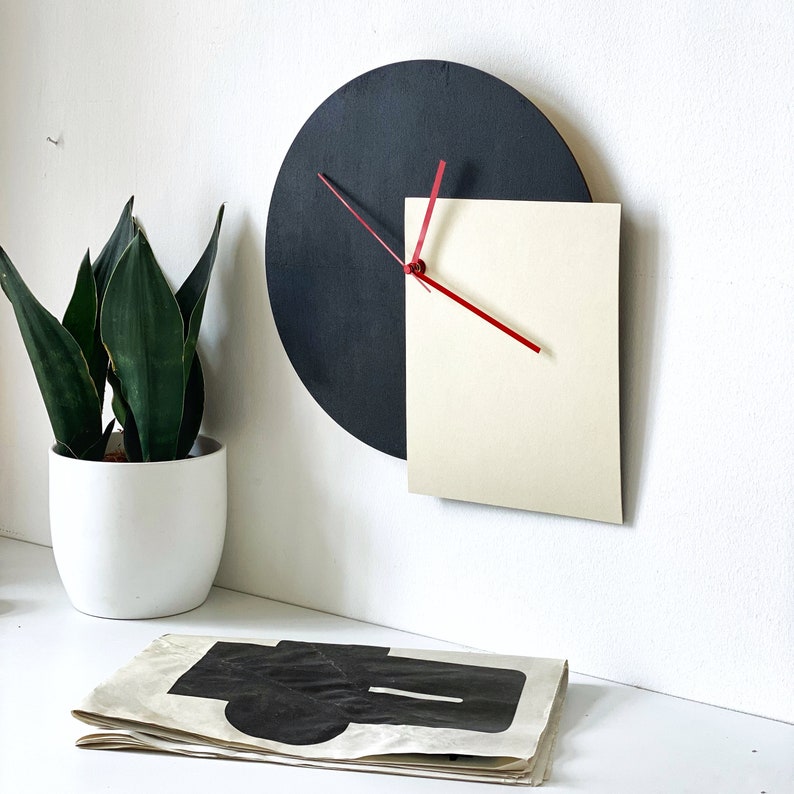 Black and White Wall Clock With Red Hands - Abstract Geometric Wood ...