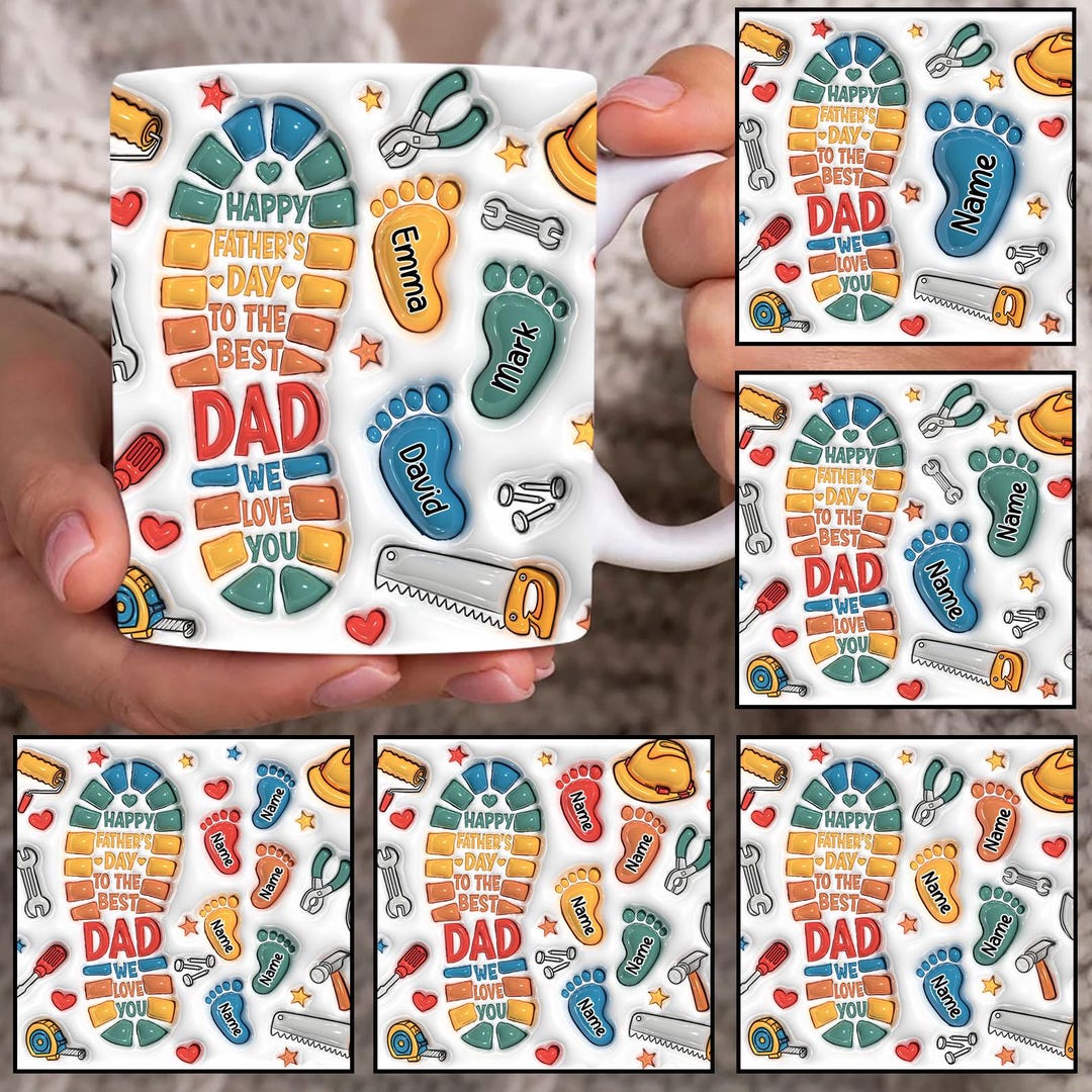 Custom up to 6 Kids Footprint Dad 3D Inflated Mug Wrap, Best Dad Ever ...