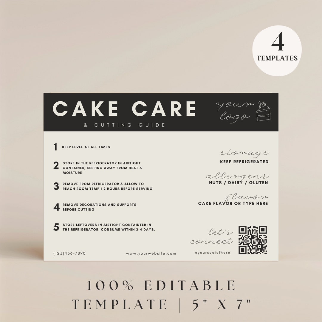 Editable Cake Care Guide Template for Canva Printable Serving Care ...