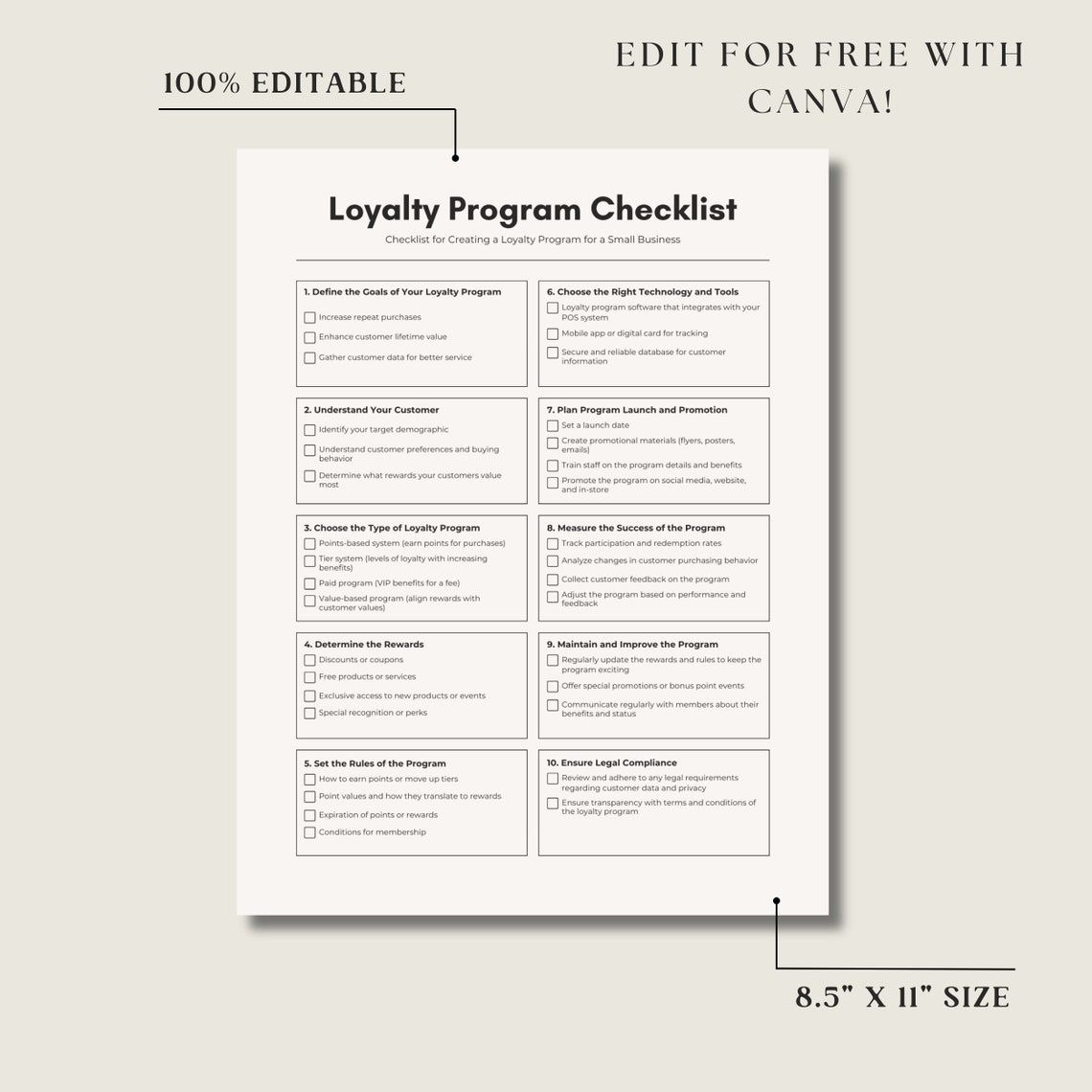 Printable Loyalty Program Checklist for Small Business, Editable Task ...