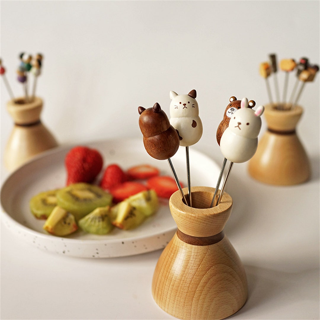 Wooden Cartoon Fruit Fork, Animal Fruit Fork, 304 Stainless Steel Fruit ...