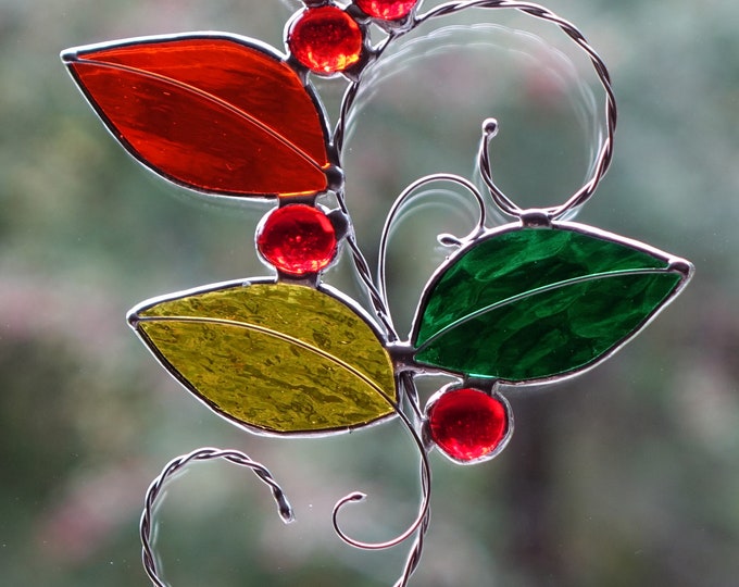 Stained Glass Autumn Shades Berry Sprig Sun Catcher - Etsy