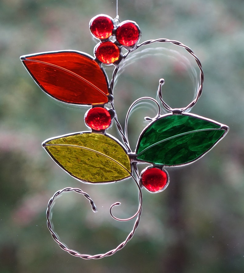 Stained Glass Autumn Shades Berry Sprig Sun Catcher - Etsy