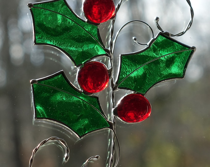 Stained Glass Holly Berry Sprig Sun Catcher - Etsy