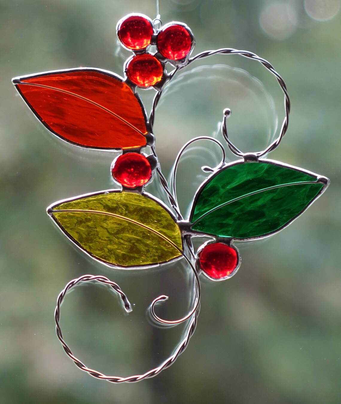 Stained Glass Autumn Shades Berry Sprig Sun Catcher | Etsy