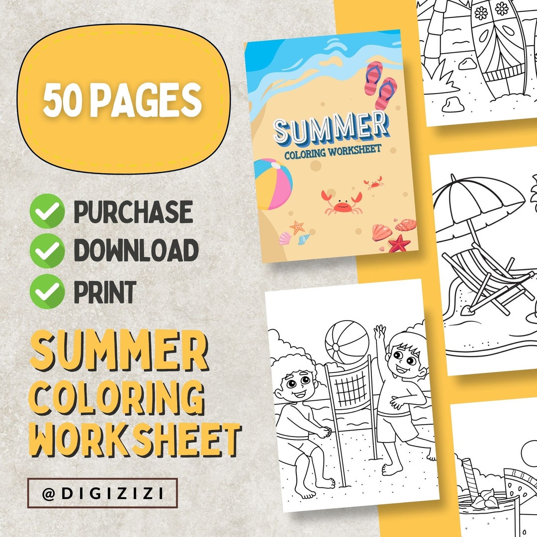 Summer Coloring Worksheet, Printable, Downloadable. Ready to Use. - Etsy