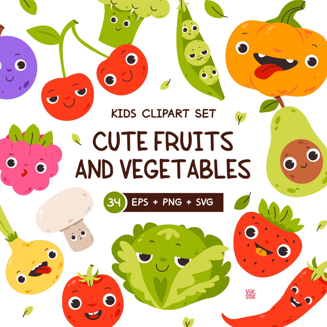 Cute Fruits and Vegetables Clipart Set – Kids Food Illustrations, Happy ...