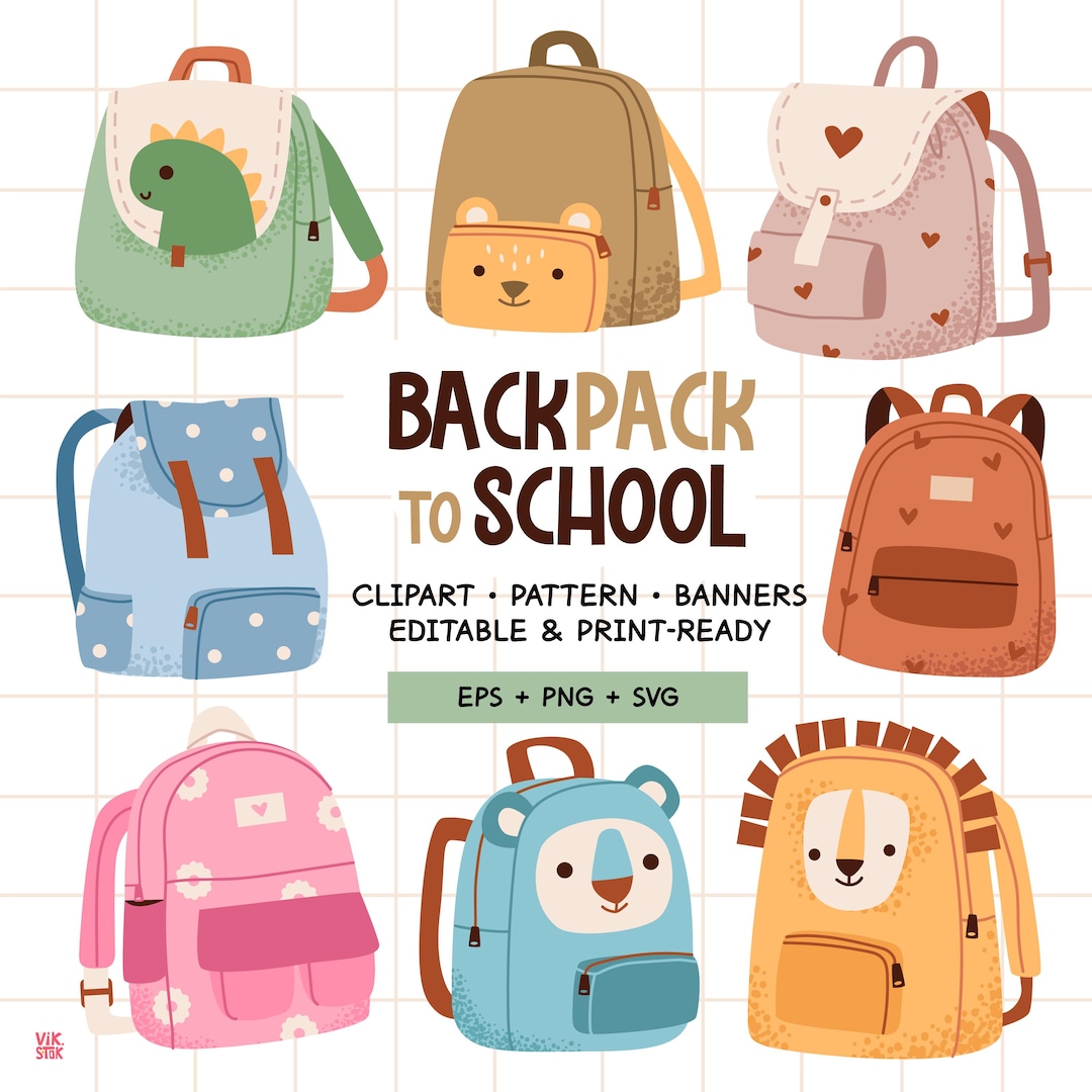 Back to School Clipart Bundle: Backpack Illustrations, Banners, Pattern ...