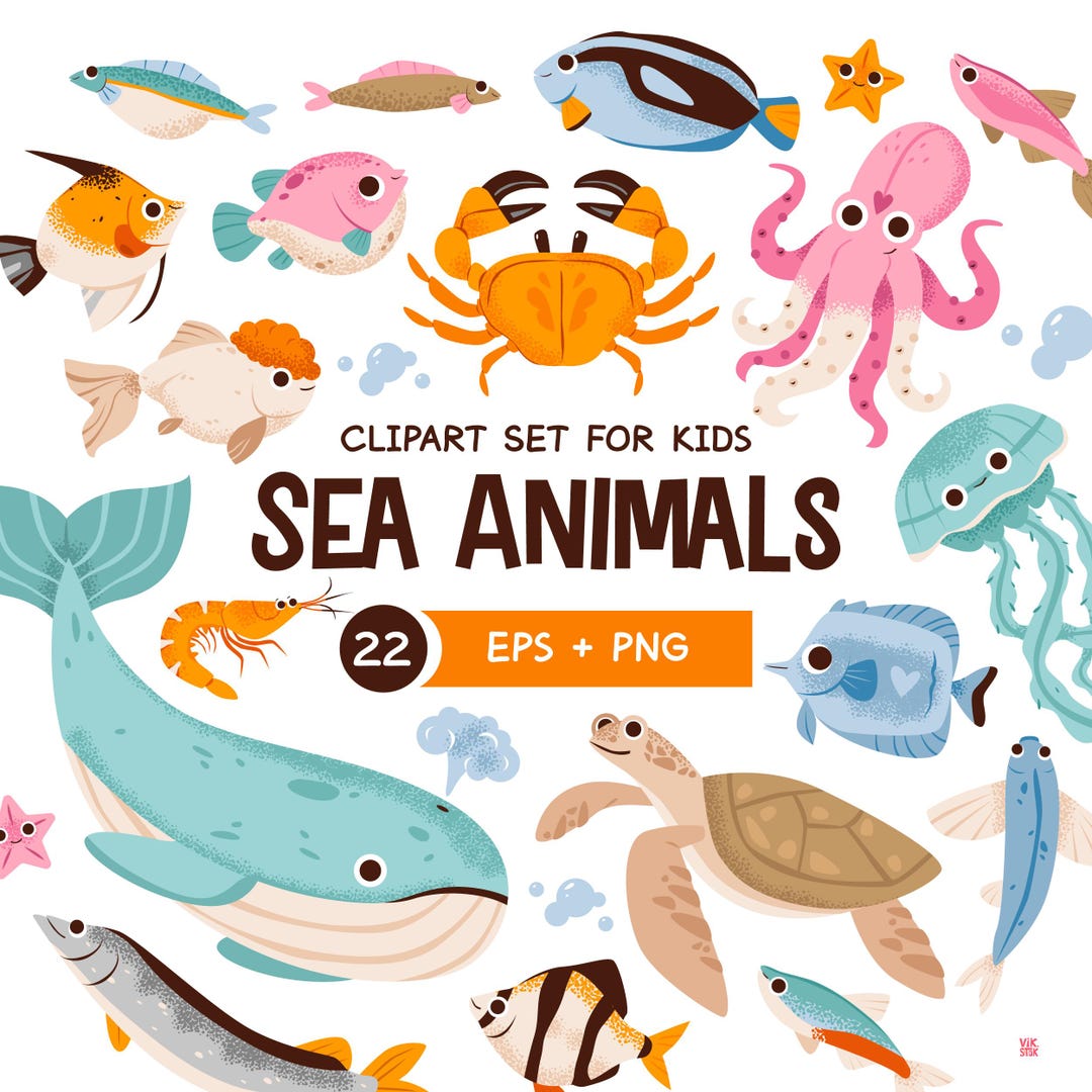 Cute Sea Animals Clipart Set, Ocean Creatures Vector, Underwater ...