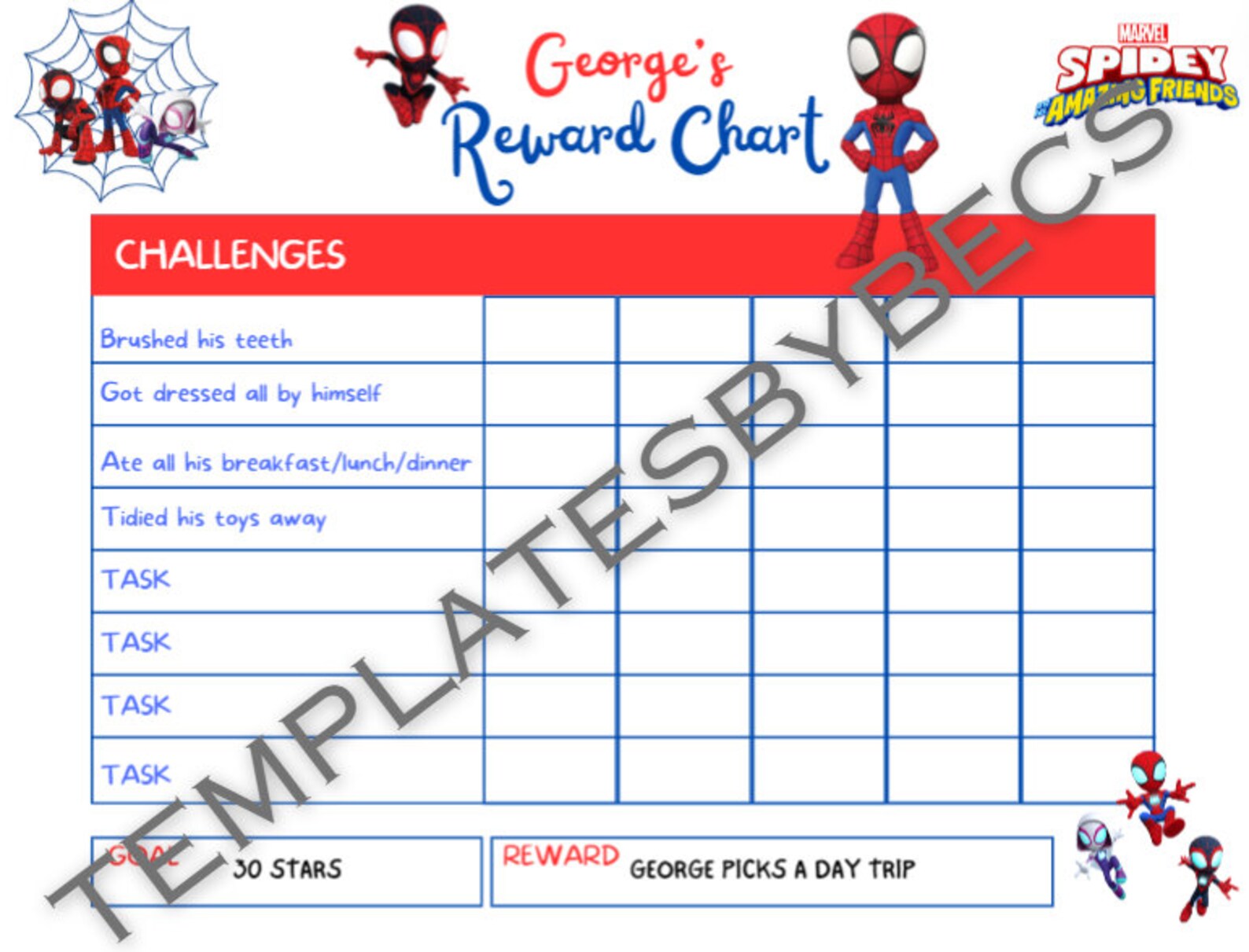 Spidey Printable Kids Reward Chart Potty Training Behaviour Chart Star ...