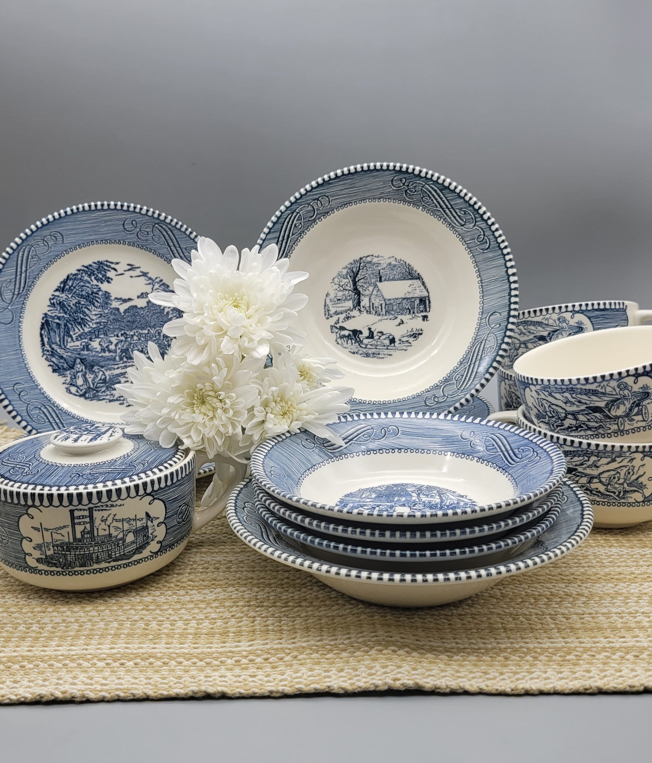 Currier Ives Blue by Royal Replacement Pieces Bowls Plates Cups Vintage Blue and White China Retro Dinnerware Americana Mid Century Etsy