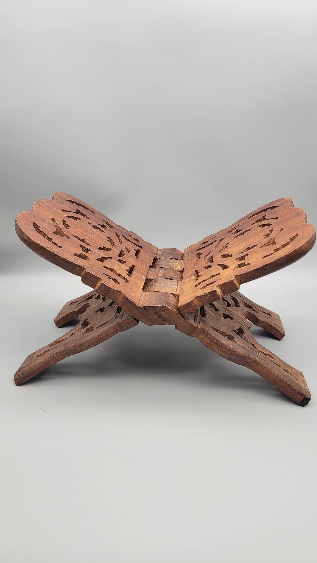 Vintage Style Ornate Carved Teak Wooden Folding Book Display Stand Dark ...