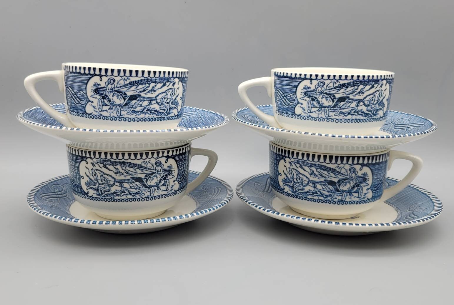 Currier & Ives Blue by Royal Cups and Saucers Vintage Blue and White ...