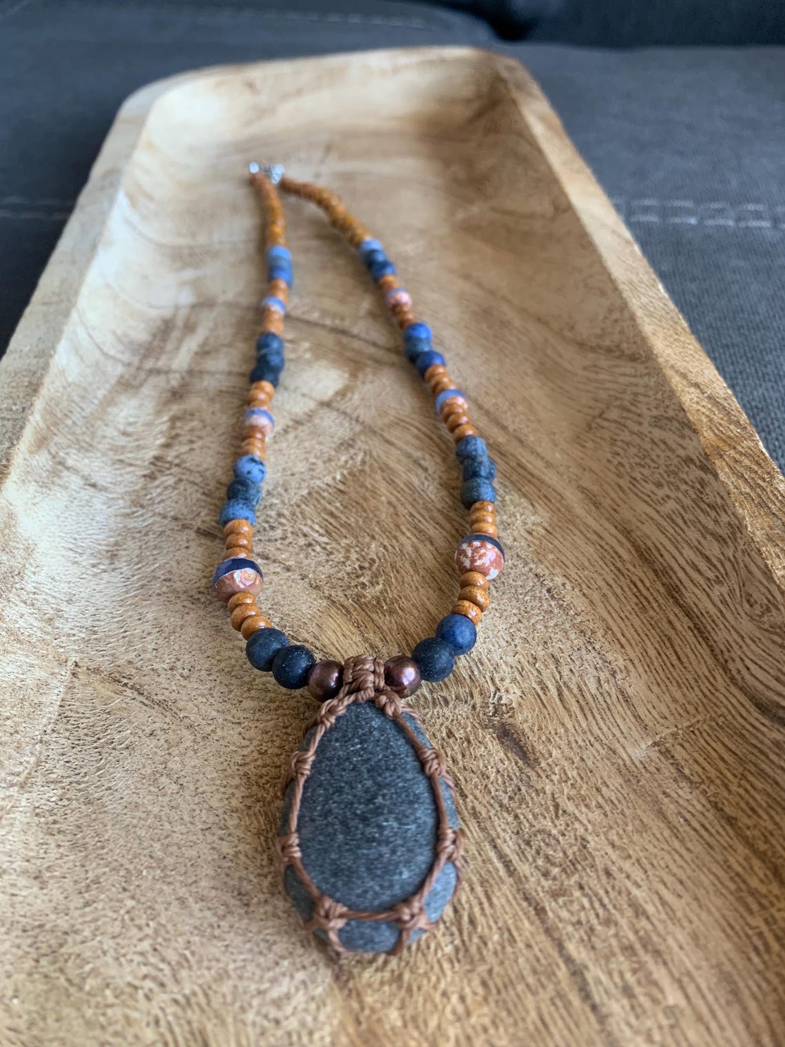 Lake Superior Basalt Stone Wrapped and Adorning Necklace of Blue Banded ...