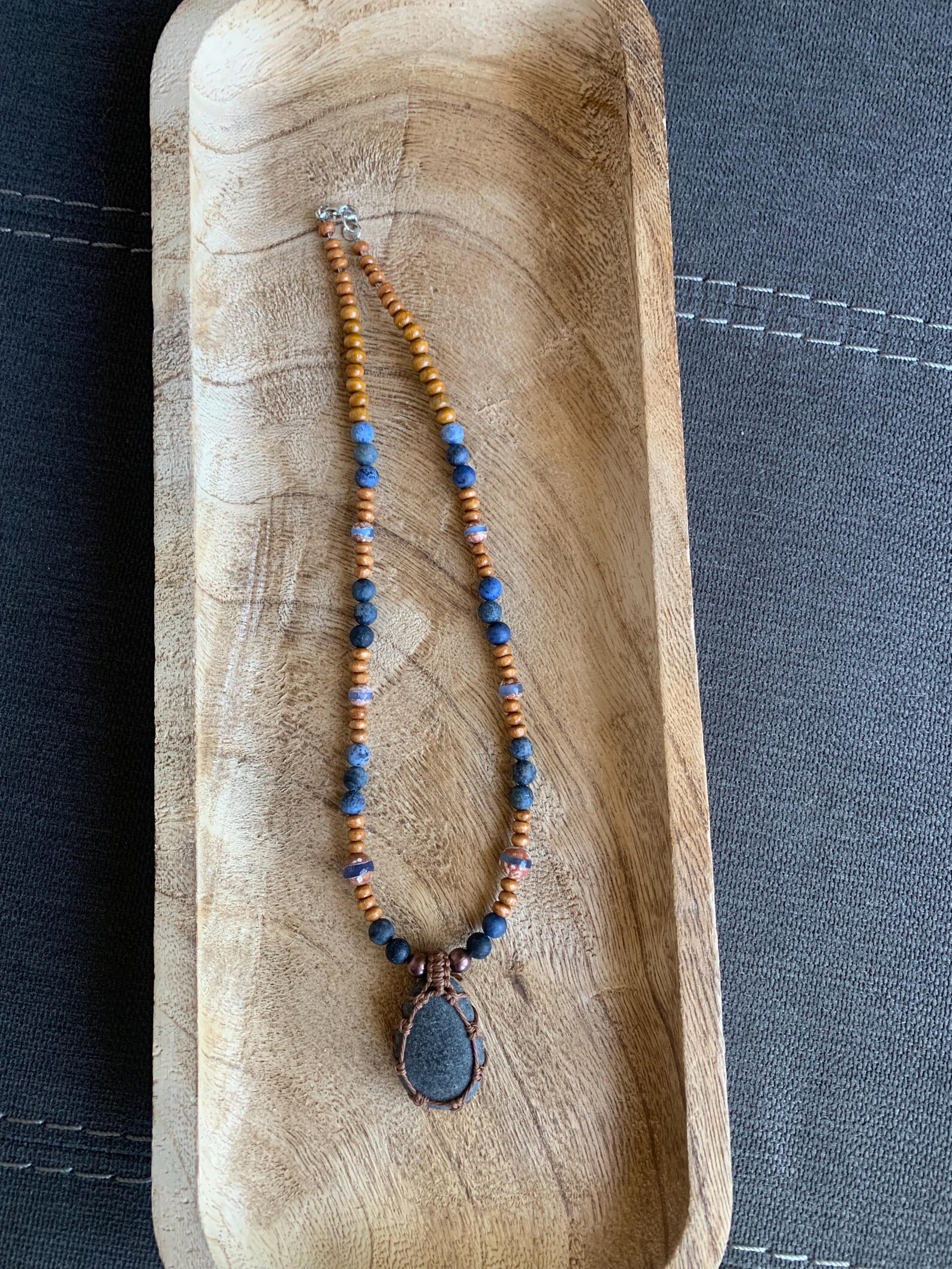 Lake Superior Basalt Stone Wrapped and Adorning Necklace of Blue Banded ...