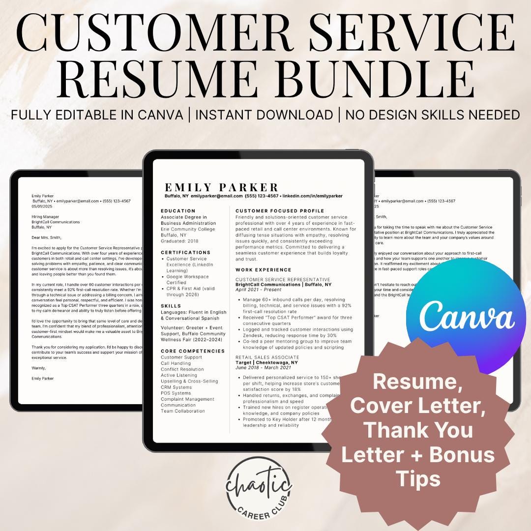 Customer Service Resume Template Bundle: Canva Editable Cover Letter ...