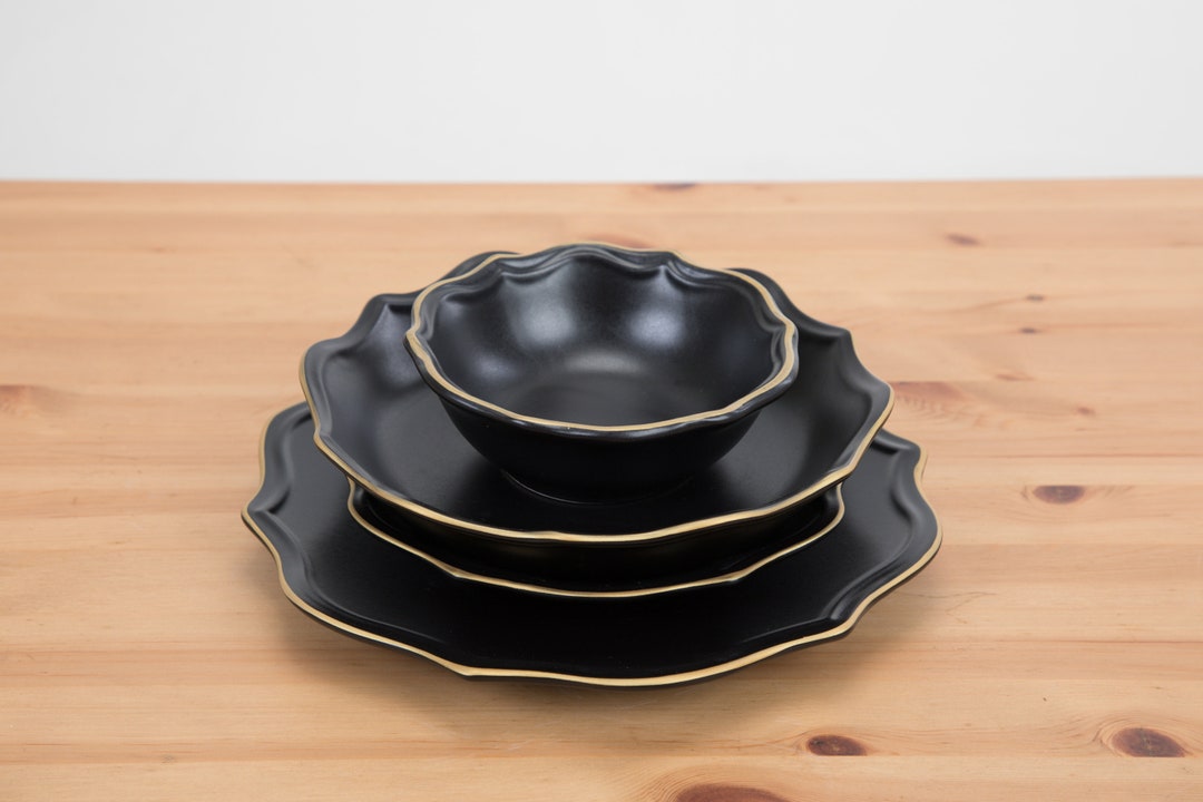 Black Ceramic Dinnerware Set With Gold Trim Bowl, Dinner Plate, Dessert ...