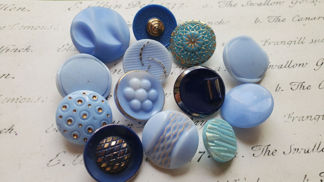 Thirteen 13 Lovely Vintage or Antique Glass Buttons. Blue Glass Buttons ...