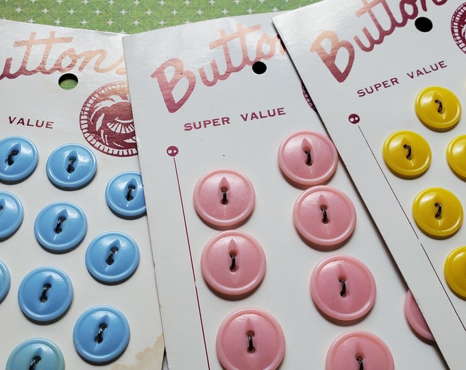 THREE Cards Vintage, Buttons. Colt Pink, Blue, Yellow. Measure 5/8 and ...