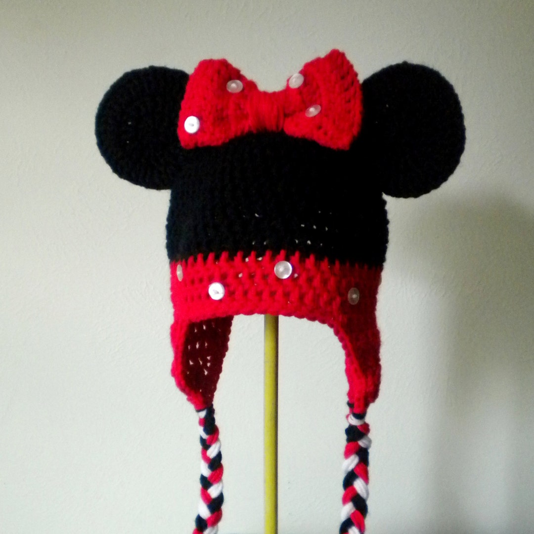 Minnie Mouse Crochet Hat in Black and Red With Ears and Braids for ...