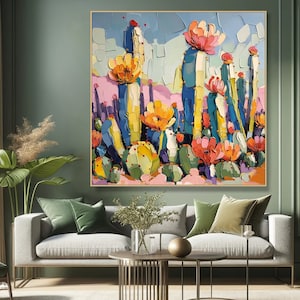 3D Textured Abstract Cactus Flower Painting Large Wall Art Colorful ...