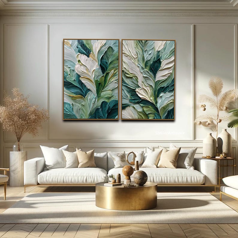 Forest Leaf Diptych Texture Wall Art Botanical Oil Painting on Canvas ...