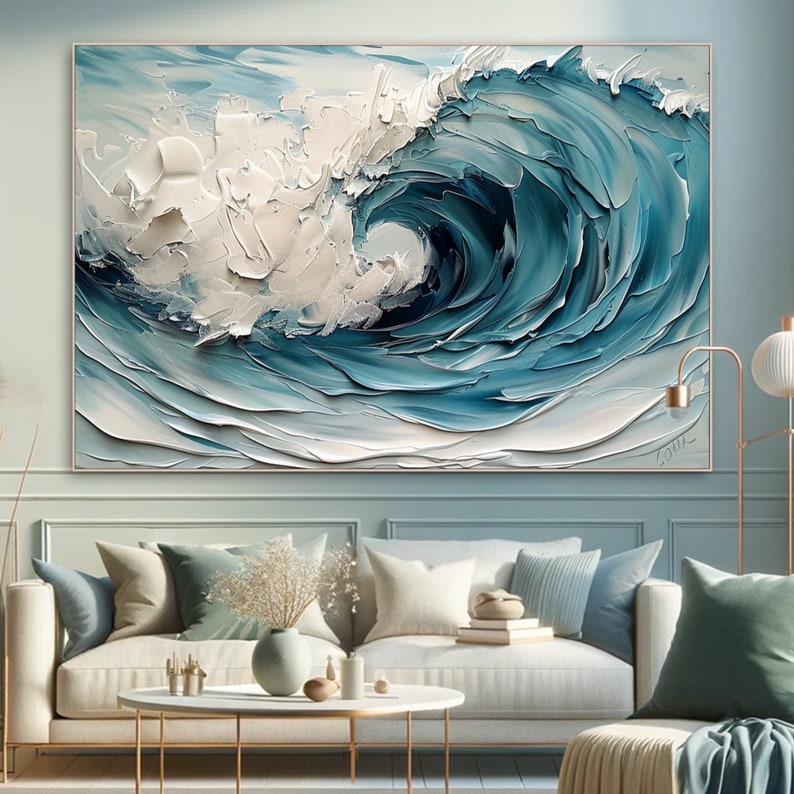 3D Textured Wave Abstract Oil Painting Modern Ocean Artwork Rich Color ...