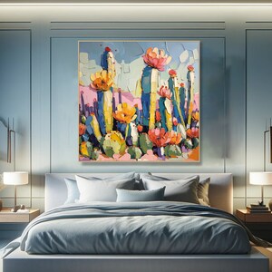 3D Textured Abstract Cactus Flower Painting Large Wall Art Colorful ...