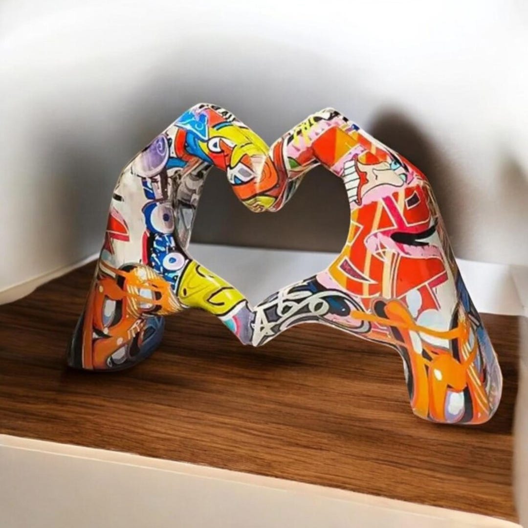 Modern Graffiti Heart Hands Sculpture Vibrant Abstract Art Decor Bold ...