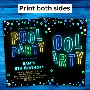 Neon Pool Party Birthday Invitation Boys Blue Green Summer Invite Glow ...