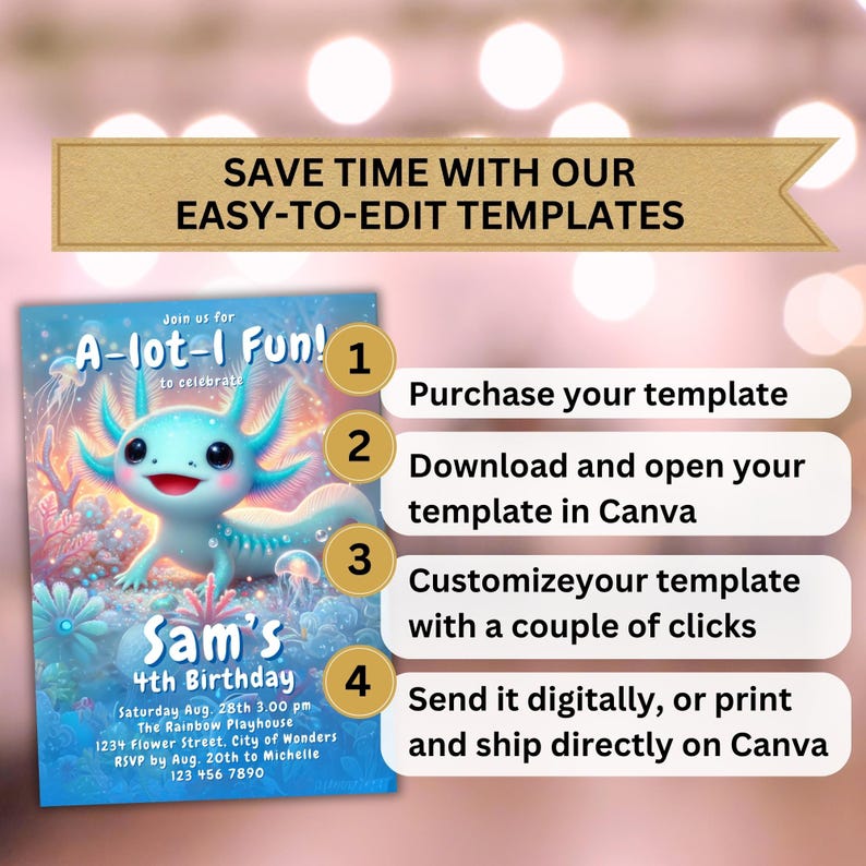 Boy Axolotl Birthday Invite Neon Glow Boy Axolotl Party Digital Invite ...