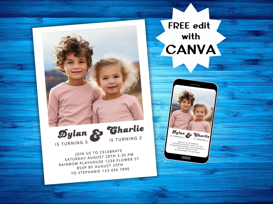 2 Person Birthday Editable Twin Invitation Combined Birthday Dual ...