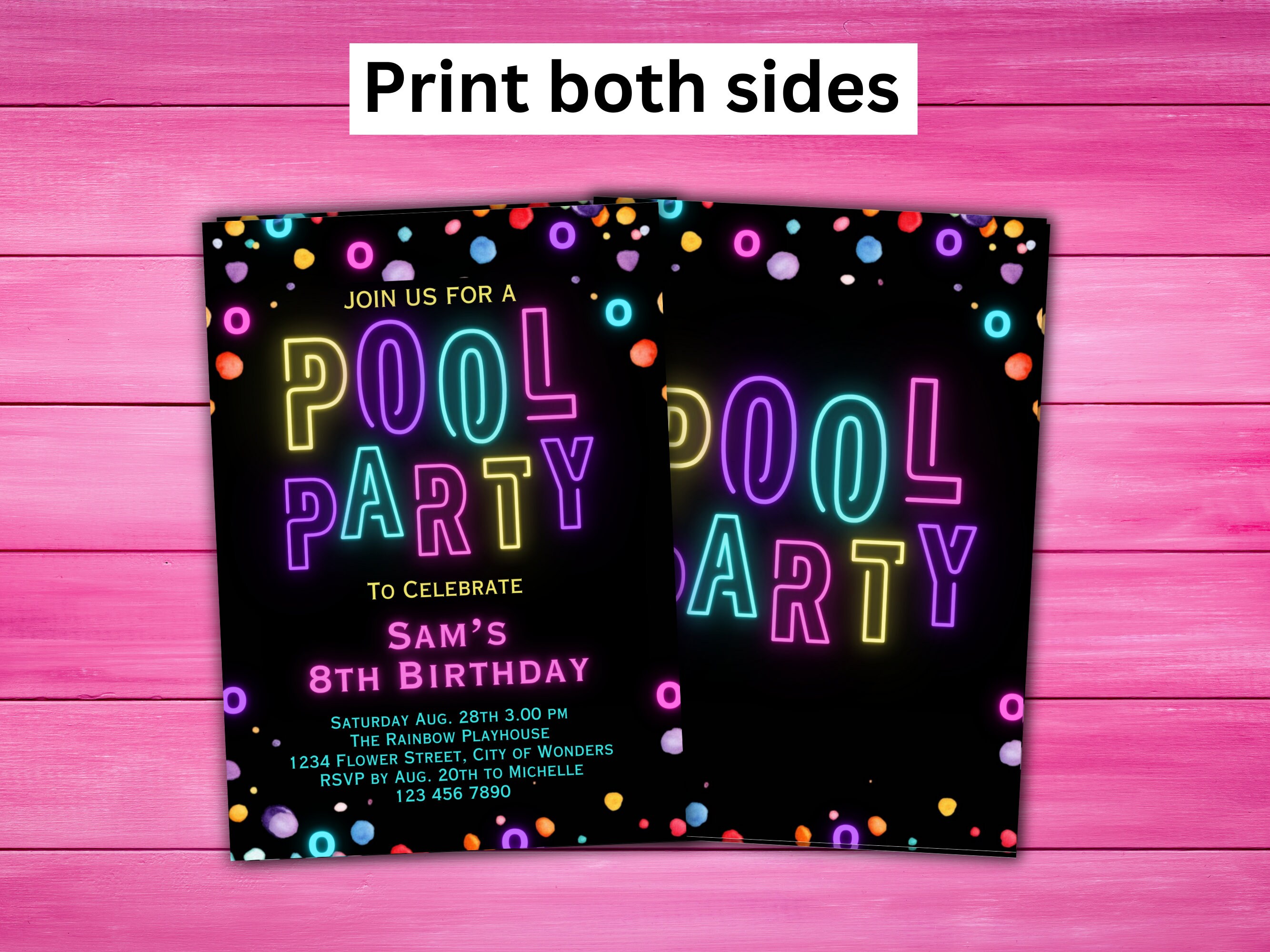 Neon Glow Pool Party Birthday Invitation Girls Pink Purple Summer ...