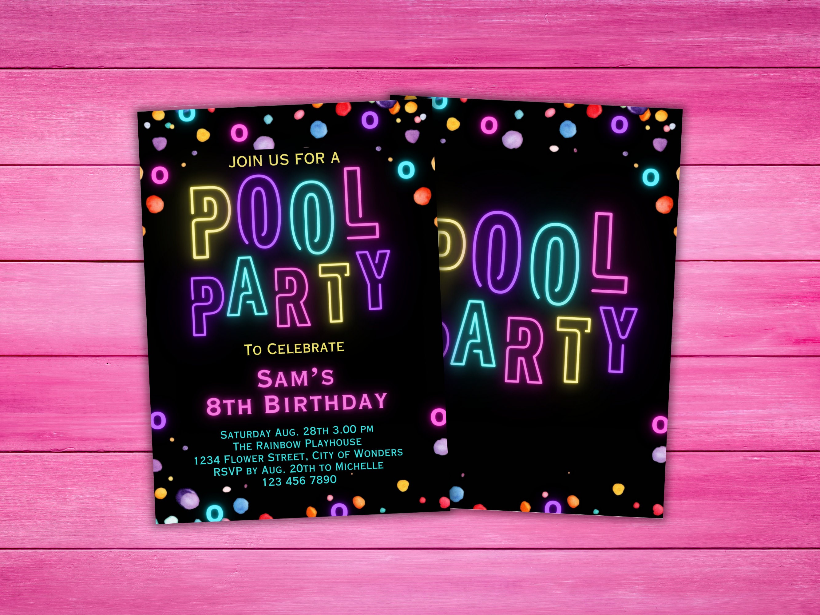Neon Glow Pool Party Birthday Invitation Girls Pink Purple Summer ...