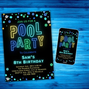 Neon Pool Party Birthday Invitation Boys Blue Green Summer Invite Glow ...