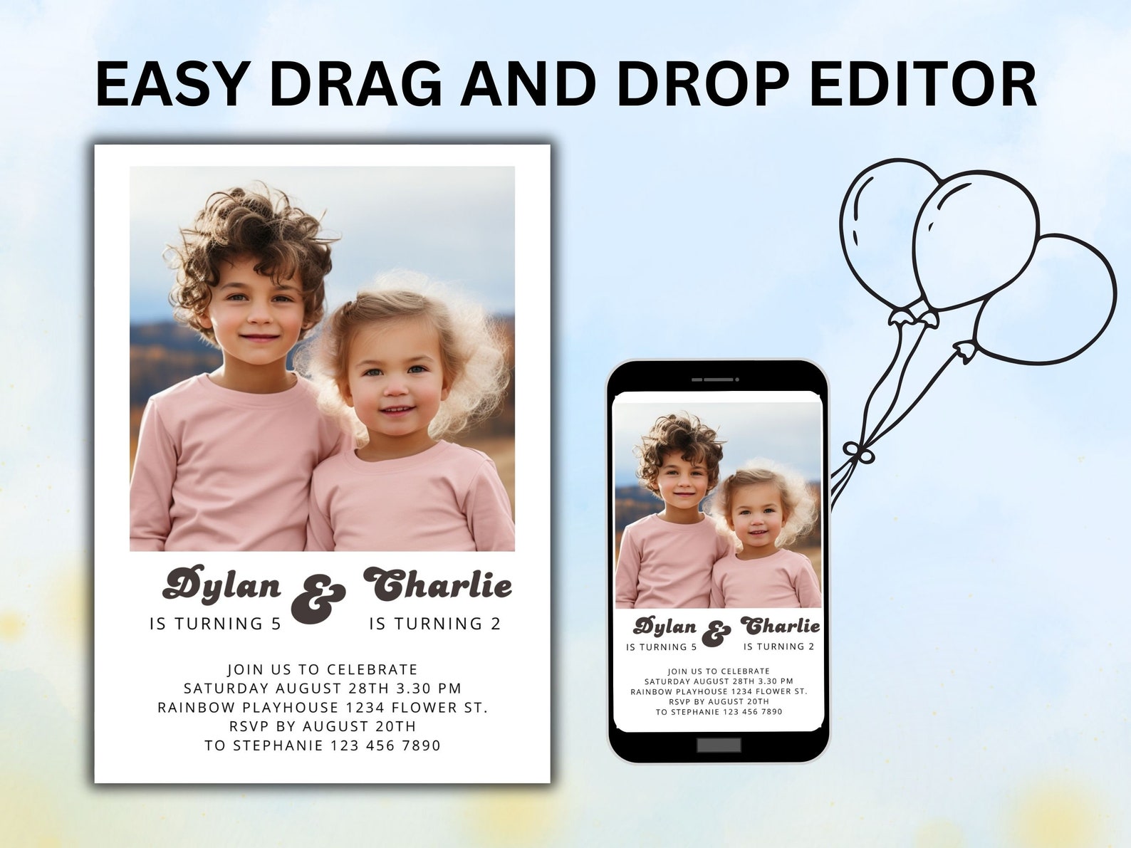 2 Person Birthday Editable Twin Invitation Combined Birthday Dual ...
