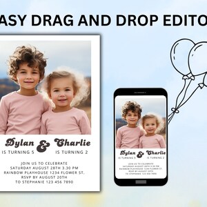 2 Person Birthday Editable Twin Invitation Combined Birthday Dual ...