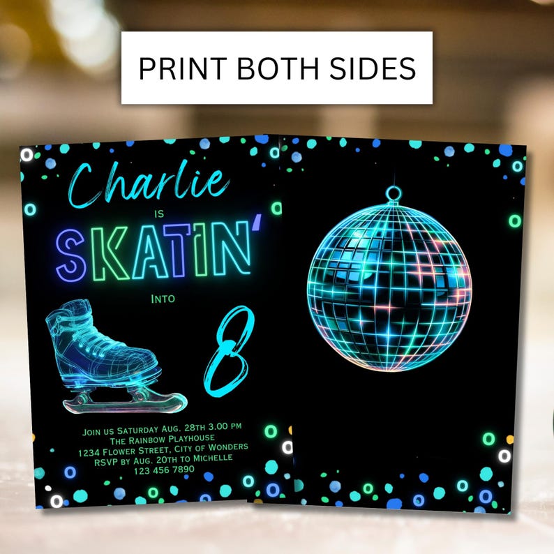 Editable Iceskating Invite Boys Skating Birthday Invitation Neon Ice ...