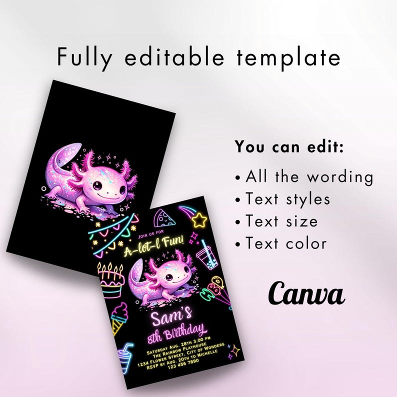 Cute Axolotl Birthday Invitation Template Neon Glow Axolotl Digital ...