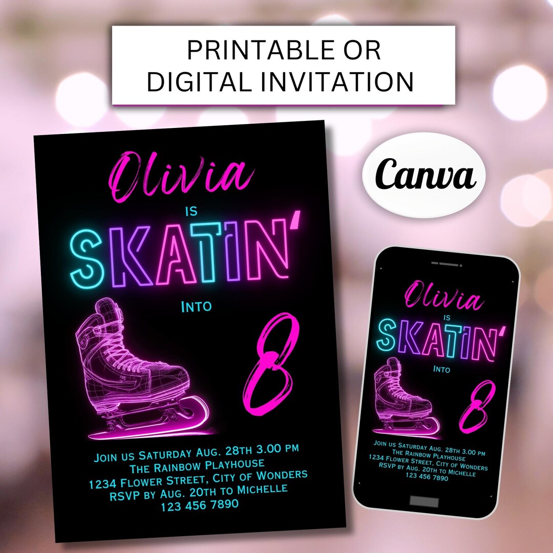 Editable Iceskating Invite Girl Skating Birthday Invitation Template ...