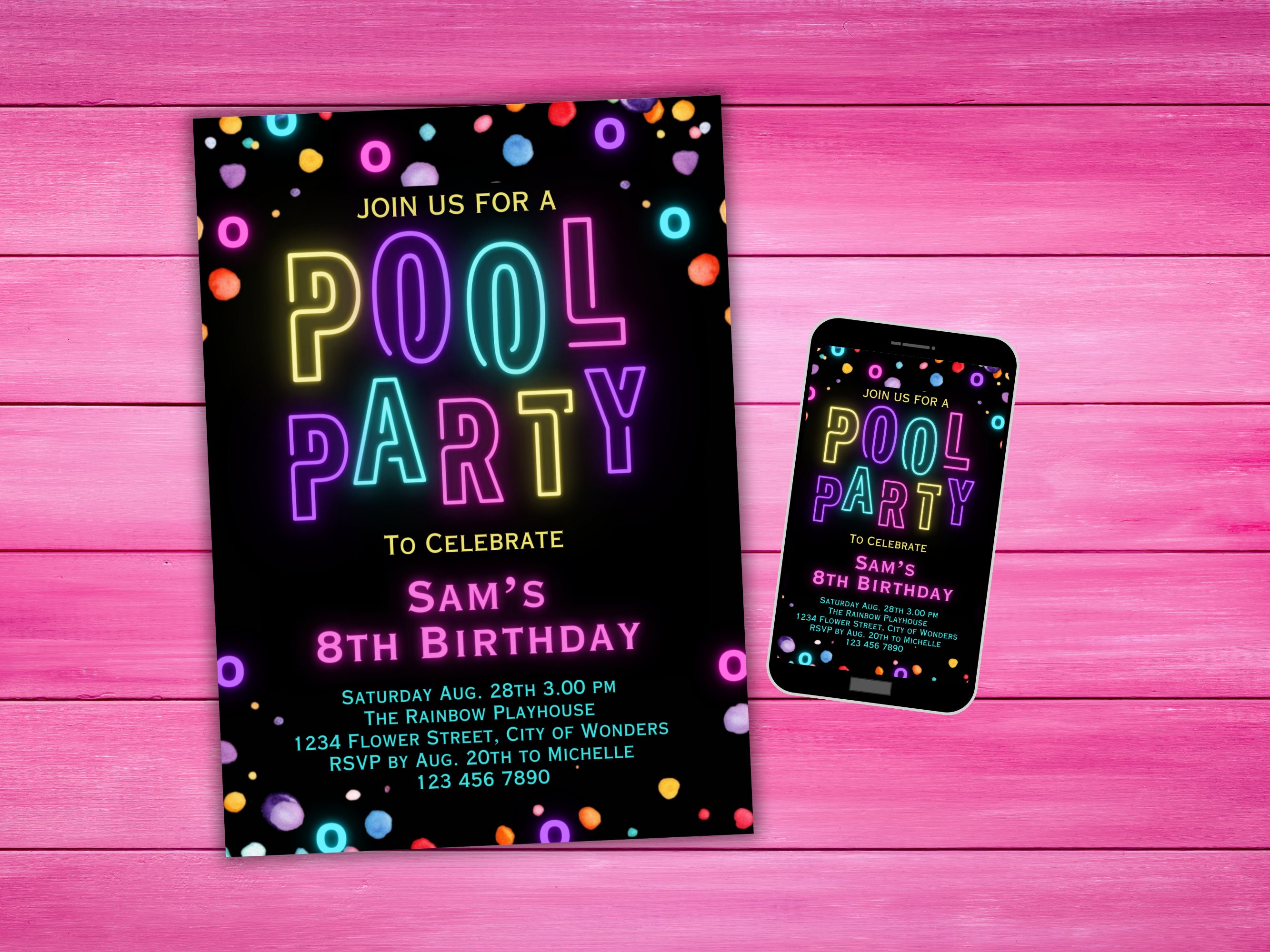 Neon Glow Pool Party Birthday Invitation Girls Pink Purple Summer ...