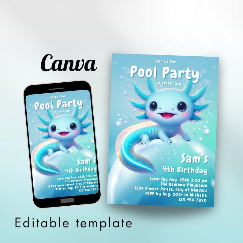 Axolotl Pool Party Invitation Template Customizable Birthday Invite ...
