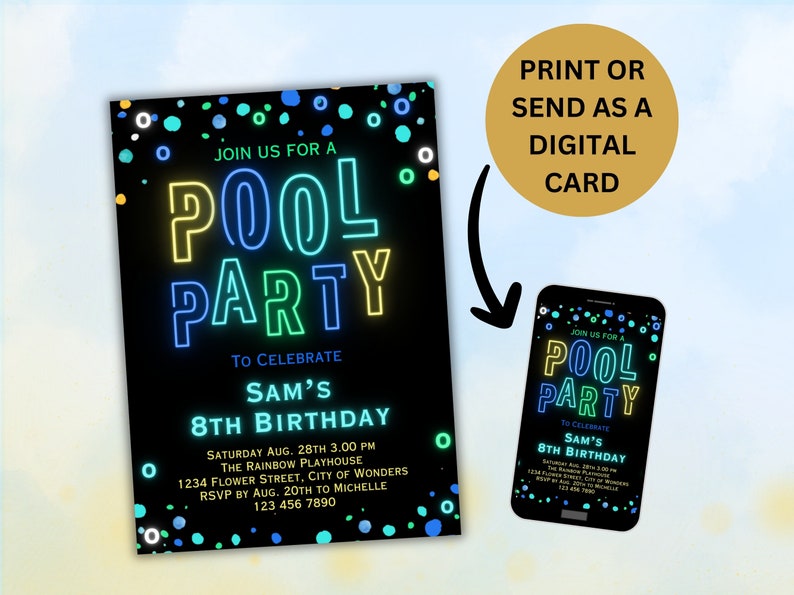 Neon Pool Party Birthday Invitation Boys Blue Green Summer Invite Glow ...