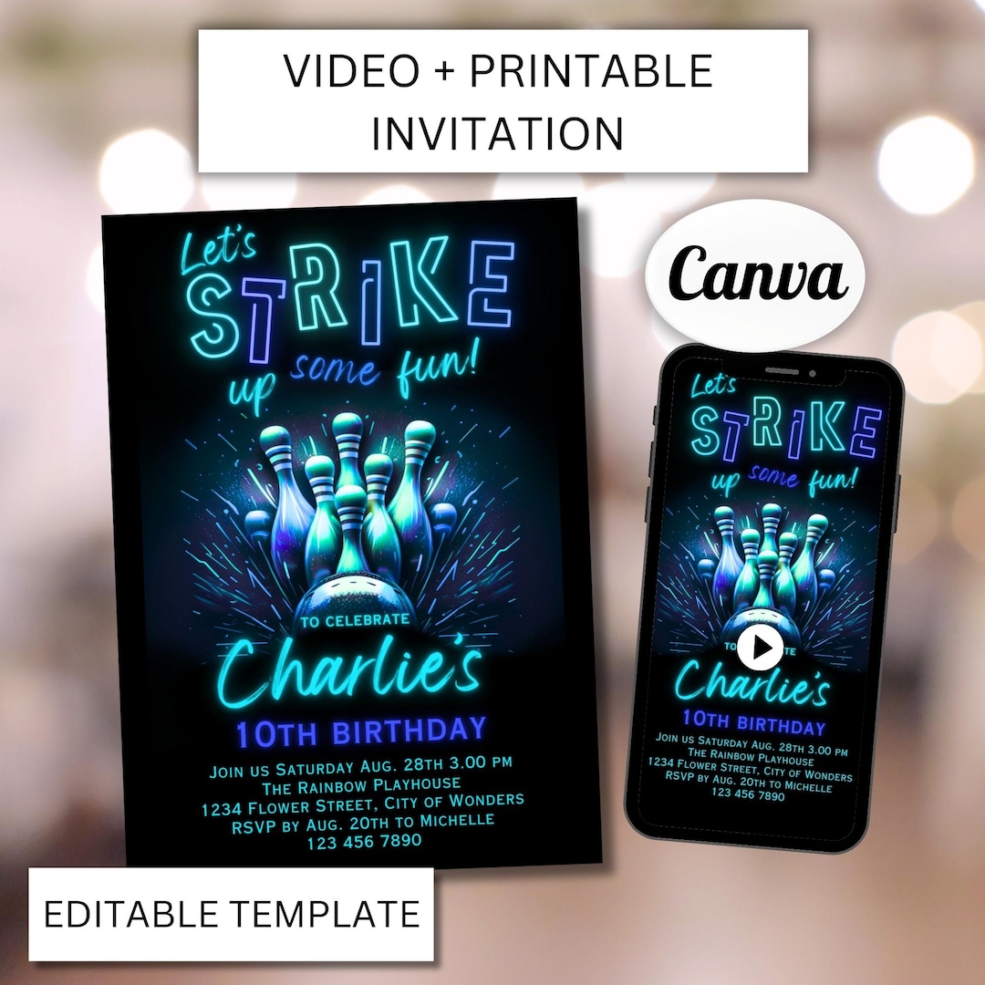 Neon Bowling Invite Strike up Invitation Boy Bowling Invite Boys ...